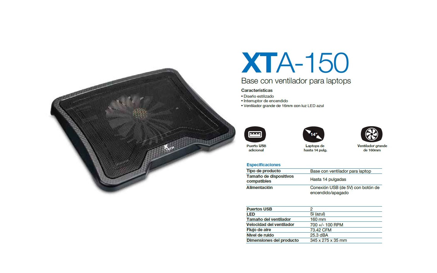 Base con ventilador Xtech XTA-150 para laptops hasta 14 pulgadas con LED azul y puertos USB ...